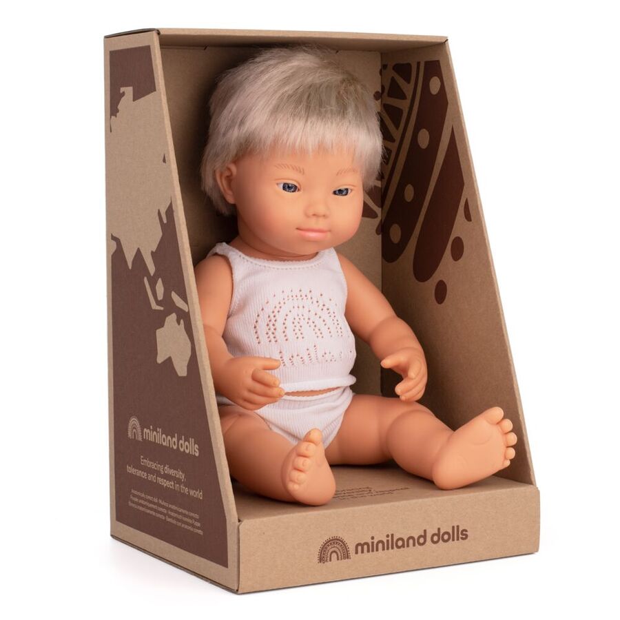 Miniland Baby Doll Caucasian Down Syndrome Boy 38 cm Blonde | Lemony ...